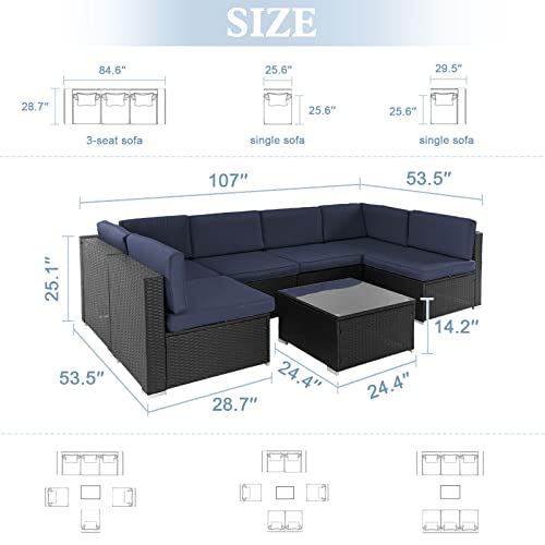 SUNCROWN 7-Piece Outdoor Patio Furniture Sofa Set All-Weather Wicker Sectional Cushioned Washable Seat Conversation Set with Modern Glass Coffee Table and Cushions (Dark Blue)