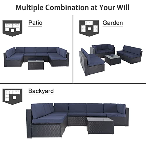 SUNCROWN 7-Piece Outdoor Patio Furniture Sofa Set All-Weather Wicker Sectional Cushioned Washable Seat Conversation Set with Modern Glass Coffee Table and Cushions (Dark Blue)