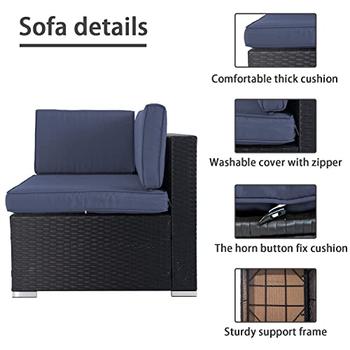 SUNCROWN 7-Piece Outdoor Patio Furniture Sofa Set All-Weather Wicker Sectional Cushioned Washable Seat Conversation Set with Modern Glass Coffee Table and Cushions (Dark Blue)