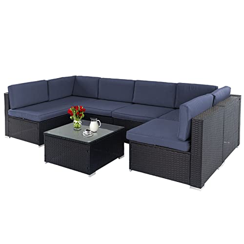 SUNCROWN 7-Piece Outdoor Patio Furniture Sofa Set All-Weather Wicker Sectional Cushioned Washable Seat Conversation Set with Modern Glass Coffee Table and Cushions (Dark Blue)