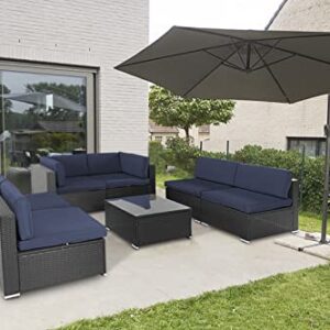 SUNCROWN 7-Piece Outdoor Patio Furniture Sofa Set All-Weather Wicker Sectional Cushioned Washable Seat Conversation Set with Modern Glass Coffee Table and Cushions (Dark Blue)