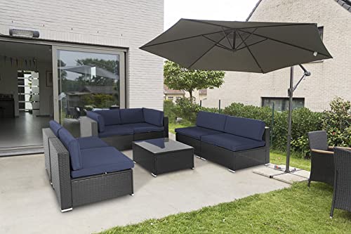 SUNCROWN 7-Piece Outdoor Patio Furniture Sofa Set All-Weather Wicker Sectional Cushioned Washable Seat Conversation Set with Modern Glass Coffee Table and Cushions (Dark Blue)