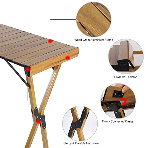 REDCAMP Aluminum Camping Kitchen Table, Portable Roll Up Picnic Table for Outdoor BBQ Garden Patio, Wood Color