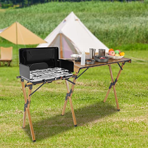 REDCAMP Aluminum Camping Kitchen Table, Portable Roll Up Picnic Table for Outdoor BBQ Garden Patio, Wood Color