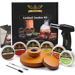 cocktail smoker kit with torch for whiskey & bourbon, old fashioned smoker set 6 flavor of wood chips orange/cinnamon/ginger/cherry/litchi/hickory anniversary birthday gifts for men