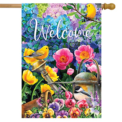 Springtime Garden Welcome House Flag Birds Floral 28" x 40" Briarwood Lane