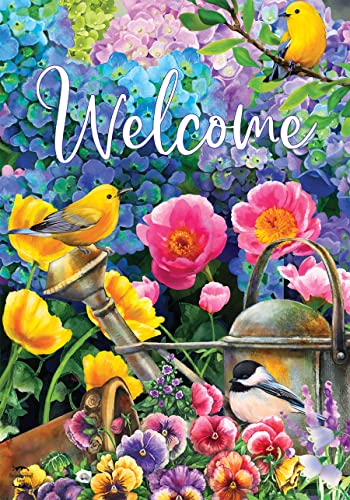 Springtime Garden Welcome House Flag Birds Floral 28" x 40" Briarwood Lane