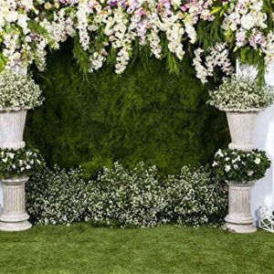 Laeacco Arch Wedding Flowers Backdrop 10x8ft Vinyl Photography Background Stone Planter Flowers White Curtain Green Ivy Wall Decoration Outdoos Ceremony Green Grassfield Backdrop