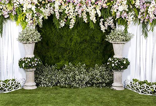 Laeacco Arch Wedding Flowers Backdrop 10x8ft Vinyl Photography Background Stone Planter Flowers White Curtain Green Ivy Wall Decoration Outdoos Ceremony Green Grassfield Backdrop