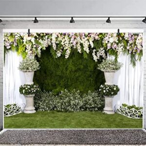 Laeacco Arch Wedding Flowers Backdrop 10x8ft Vinyl Photography Background Stone Planter Flowers White Curtain Green Ivy Wall Decoration Outdoos Ceremony Green Grassfield Backdrop