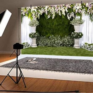 Laeacco Arch Wedding Flowers Backdrop 10x8ft Vinyl Photography Background Stone Planter Flowers White Curtain Green Ivy Wall Decoration Outdoos Ceremony Green Grassfield Backdrop