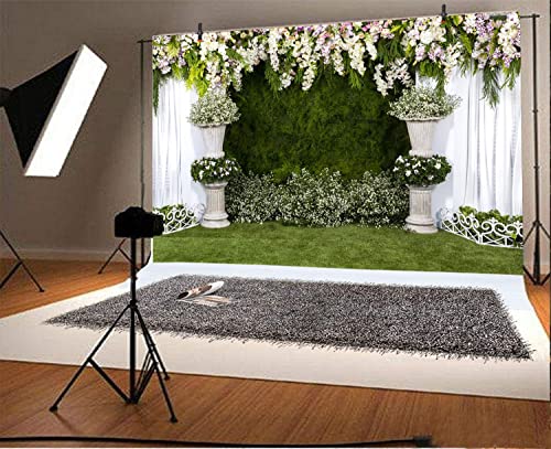 Laeacco Arch Wedding Flowers Backdrop 10x8ft Vinyl Photography Background Stone Planter Flowers White Curtain Green Ivy Wall Decoration Outdoos Ceremony Green Grassfield Backdrop