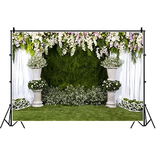 Laeacco Arch Wedding Flowers Backdrop 10x8ft Vinyl Photography Background Stone Planter Flowers White Curtain Green Ivy Wall Decoration Outdoos Ceremony Green Grassfield Backdrop