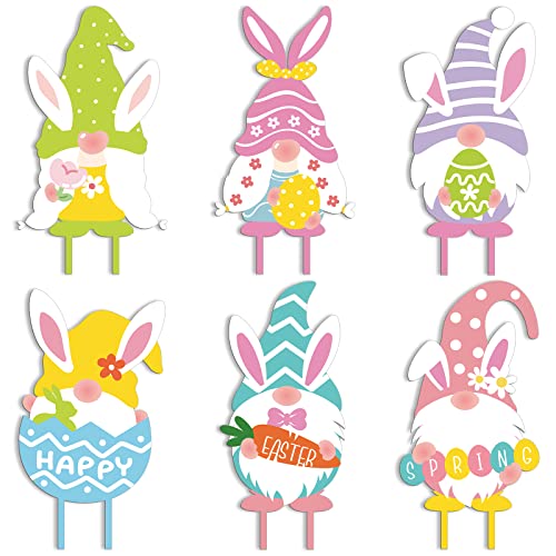 6 Pcs Metal Easter Gnomes Yard Signs Outdoor Bunny Rabbits Stakes 16 x 6.3 Inch Happy Spring Waterproof Gnome Stakes Easter Decorations for Garden, Lawn, Party, Easter Props Decor