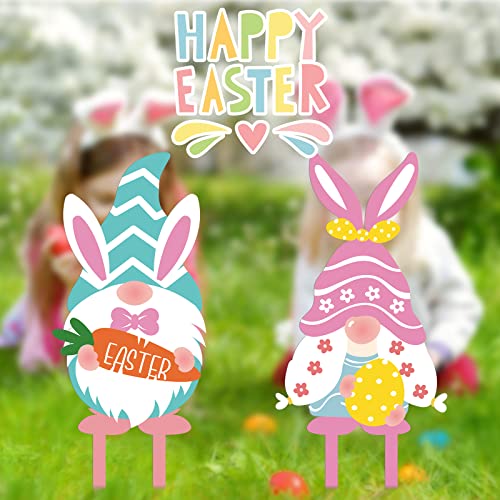 6 Pcs Metal Easter Gnomes Yard Signs Outdoor Bunny Rabbits Stakes 16 x 6.3 Inch Happy Spring Waterproof Gnome Stakes Easter Decorations for Garden, Lawn, Party, Easter Props Decor