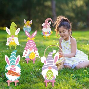 6 Pcs Metal Easter Gnomes Yard Signs Outdoor Bunny Rabbits Stakes 16 x 6.3 Inch Happy Spring Waterproof Gnome Stakes Easter Decorations for Garden, Lawn, Party, Easter Props Decor