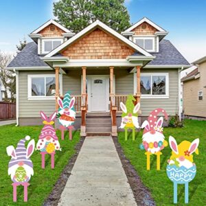 6 Pcs Metal Easter Gnomes Yard Signs Outdoor Bunny Rabbits Stakes 16 x 6.3 Inch Happy Spring Waterproof Gnome Stakes Easter Decorations for Garden, Lawn, Party, Easter Props Decor