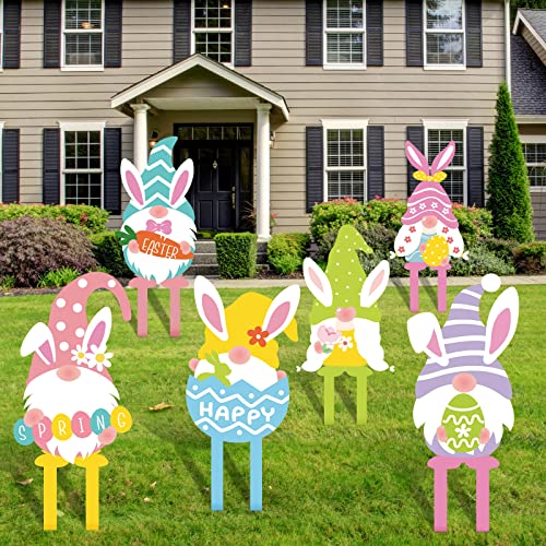 6 Pcs Metal Easter Gnomes Yard Signs Outdoor Bunny Rabbits Stakes 16 x 6.3 Inch Happy Spring Waterproof Gnome Stakes Easter Decorations for Garden, Lawn, Party, Easter Props Decor