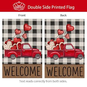 CROWNED BEAUTY Happy Valentines Day Garden Flag 12×18 Inch Double Sided for Outside Red Truck Heart Buffalo Check Welcome Vertical Farmhouse Rustic Seasonal Holiday Yard Decoration CF344