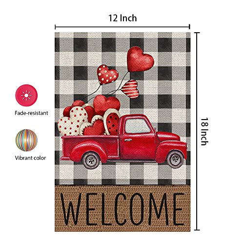 CROWNED BEAUTY Happy Valentines Day Garden Flag 12×18 Inch Double Sided for Outside Red Truck Heart Buffalo Check Welcome Vertical Farmhouse Rustic Seasonal Holiday Yard Decoration CF344