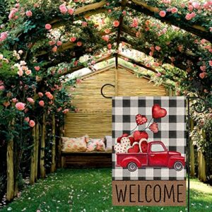 CROWNED BEAUTY Happy Valentines Day Garden Flag 12×18 Inch Double Sided for Outside Red Truck Heart Buffalo Check Welcome Vertical Farmhouse Rustic Seasonal Holiday Yard Decoration CF344