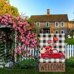 CROWNED BEAUTY Happy Valentines Day Garden Flag 12×18 Inch Double Sided for Outside Red Truck Heart Buffalo Check Welcome Vertical Farmhouse Rustic Seasonal Holiday Yard Decoration CF344