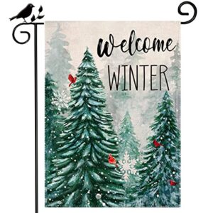 welcome winter pines tree garden flag double sided cardinal red bird christmas garden flag for outside xmas farmhouse seasonal outdoor flag