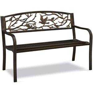 yaheetech patio garden bench outdoor cast iron metal bench, w/bird design backrest, slatted seat, park bench outdoor furniture for porch, deck, park, yard, entryway, path