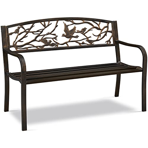 Yaheetech Patio Garden Bench Outdoor Cast Iron Metal Bench, w/Bird Design Backrest, Slatted Seat, Park Bench Outdoor Furniture for Porch, Deck, Park, Yard, Entryway, Path