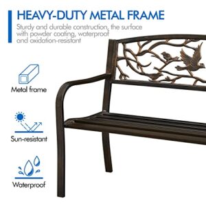 Yaheetech Patio Garden Bench Outdoor Cast Iron Metal Bench, w/Bird Design Backrest, Slatted Seat, Park Bench Outdoor Furniture for Porch, Deck, Park, Yard, Entryway, Path