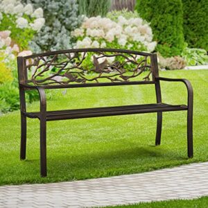 Yaheetech Patio Garden Bench Outdoor Cast Iron Metal Bench, w/Bird Design Backrest, Slatted Seat, Park Bench Outdoor Furniture for Porch, Deck, Park, Yard, Entryway, Path