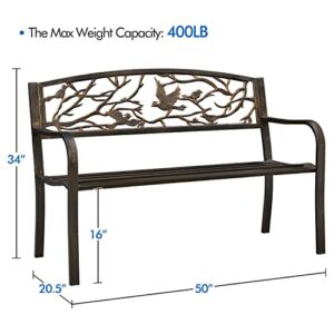 Yaheetech Patio Garden Bench Outdoor Cast Iron Metal Bench, w/Bird Design Backrest, Slatted Seat, Park Bench Outdoor Furniture for Porch, Deck, Park, Yard, Entryway, Path