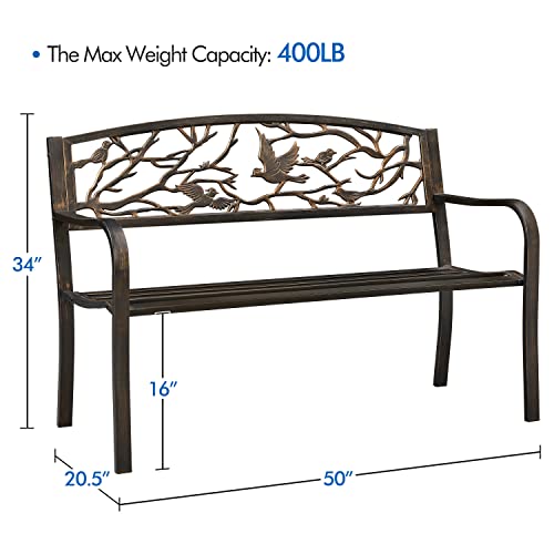 Yaheetech Patio Garden Bench Outdoor Cast Iron Metal Bench, w/Bird Design Backrest, Slatted Seat, Park Bench Outdoor Furniture for Porch, Deck, Park, Yard, Entryway, Path