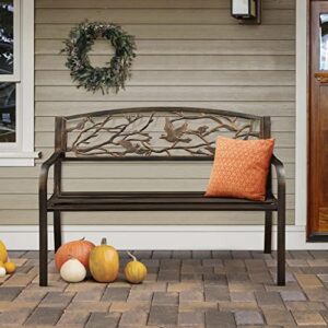 Yaheetech Patio Garden Bench Outdoor Cast Iron Metal Bench, w/Bird Design Backrest, Slatted Seat, Park Bench Outdoor Furniture for Porch, Deck, Park, Yard, Entryway, Path