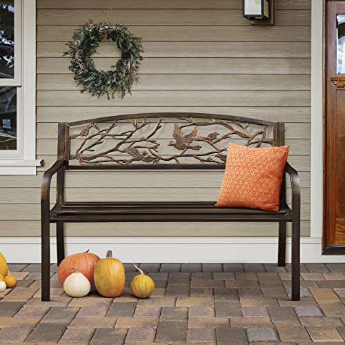 Yaheetech Patio Garden Bench Outdoor Cast Iron Metal Bench, w/Bird Design Backrest, Slatted Seat, Park Bench Outdoor Furniture for Porch, Deck, Park, Yard, Entryway, Path