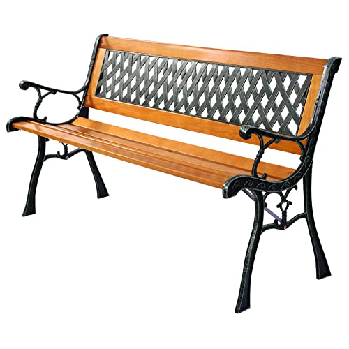 Tangkula Outdoor Garden Bench Park Bench, Patio Bench Chair with Cast Iron & Hardwood Structure, Weather Proof Porch Outdoor Furniture Loveseat, Perfect for Backyard, Deck, Lawn, Poolside