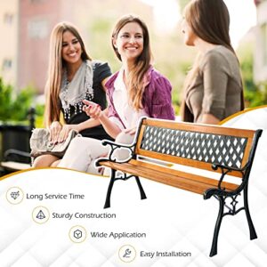 Tangkula Outdoor Garden Bench Park Bench, Patio Bench Chair with Cast Iron & Hardwood Structure, Weather Proof Porch Outdoor Furniture Loveseat, Perfect for Backyard, Deck, Lawn, Poolside