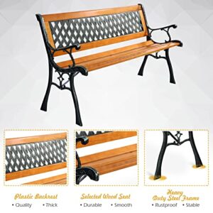 Tangkula Outdoor Garden Bench Park Bench, Patio Bench Chair with Cast Iron & Hardwood Structure, Weather Proof Porch Outdoor Furniture Loveseat, Perfect for Backyard, Deck, Lawn, Poolside