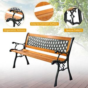 Tangkula Outdoor Garden Bench Park Bench, Patio Bench Chair with Cast Iron & Hardwood Structure, Weather Proof Porch Outdoor Furniture Loveseat, Perfect for Backyard, Deck, Lawn, Poolside