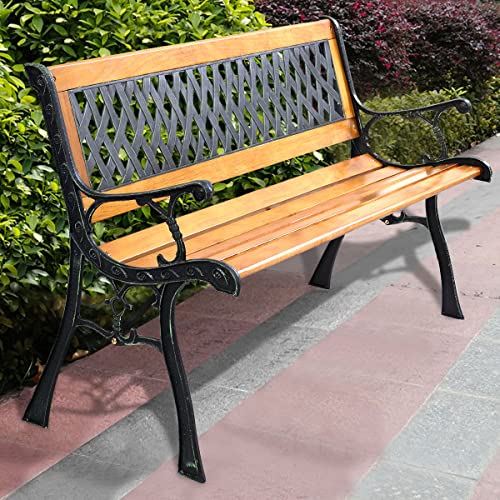 Tangkula Outdoor Garden Bench Park Bench, Patio Bench Chair with Cast Iron & Hardwood Structure, Weather Proof Porch Outdoor Furniture Loveseat, Perfect for Backyard, Deck, Lawn, Poolside