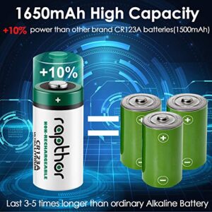 rapthor CR123A 3V Lithium Battery 1650mAh 20 Pack High Power CR123 CR17345 Photo Batteries PTC Protected for Cameras Flashlight Alarm Smart Sensors 123 Batteries (Non-Rechargeable, Not for Arlo)