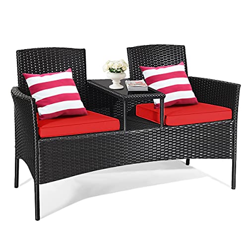 DORTALA Outdoor Patio Loveseat, Wicker Patio Conversation Set with Removable Cushions and Coffee Table, Plastic Table Top, Modern Rattan Loveseat Sofa Set for Garden Lawn Backyard (Black+Red)