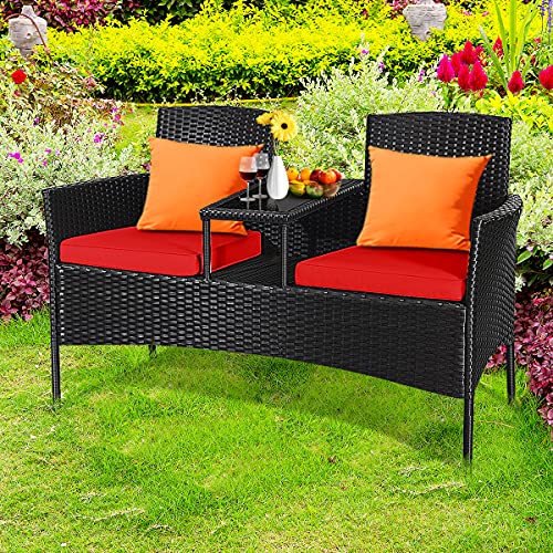 DORTALA Outdoor Patio Loveseat, Wicker Patio Conversation Set with Removable Cushions and Coffee Table, Plastic Table Top, Modern Rattan Loveseat Sofa Set for Garden Lawn Backyard (Black+Red)