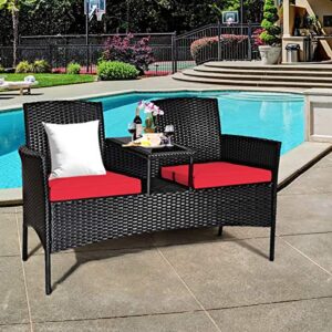 DORTALA Outdoor Patio Loveseat, Wicker Patio Conversation Set with Removable Cushions and Coffee Table, Plastic Table Top, Modern Rattan Loveseat Sofa Set for Garden Lawn Backyard (Black+Red)