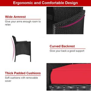 DORTALA Outdoor Patio Loveseat, Wicker Patio Conversation Set with Removable Cushions and Coffee Table, Plastic Table Top, Modern Rattan Loveseat Sofa Set for Garden Lawn Backyard (Black+Red)