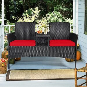 DORTALA Outdoor Patio Loveseat, Wicker Patio Conversation Set with Removable Cushions and Coffee Table, Plastic Table Top, Modern Rattan Loveseat Sofa Set for Garden Lawn Backyard (Black+Red)