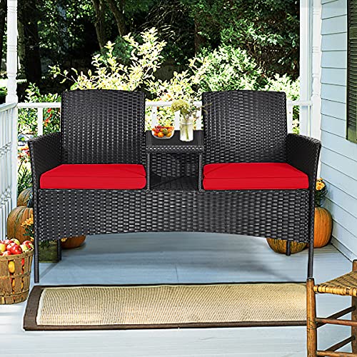 DORTALA Outdoor Patio Loveseat, Wicker Patio Conversation Set with Removable Cushions and Coffee Table, Plastic Table Top, Modern Rattan Loveseat Sofa Set for Garden Lawn Backyard (Black+Red)