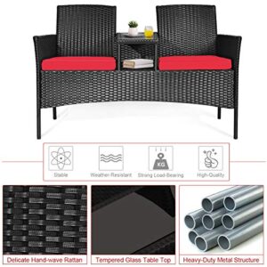 DORTALA Outdoor Patio Loveseat, Wicker Patio Conversation Set with Removable Cushions and Coffee Table, Plastic Table Top, Modern Rattan Loveseat Sofa Set for Garden Lawn Backyard (Black+Red)