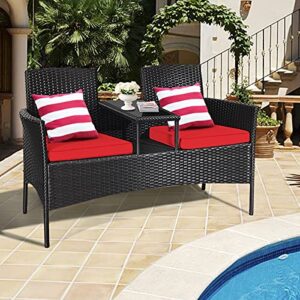 DORTALA Outdoor Patio Loveseat, Wicker Patio Conversation Set with Removable Cushions and Coffee Table, Plastic Table Top, Modern Rattan Loveseat Sofa Set for Garden Lawn Backyard (Black+Red)