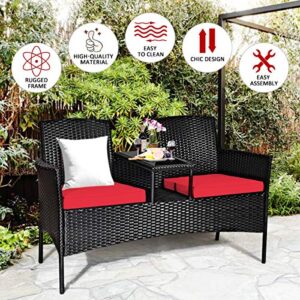 DORTALA Outdoor Patio Loveseat, Wicker Patio Conversation Set with Removable Cushions and Coffee Table, Plastic Table Top, Modern Rattan Loveseat Sofa Set for Garden Lawn Backyard (Black+Red)